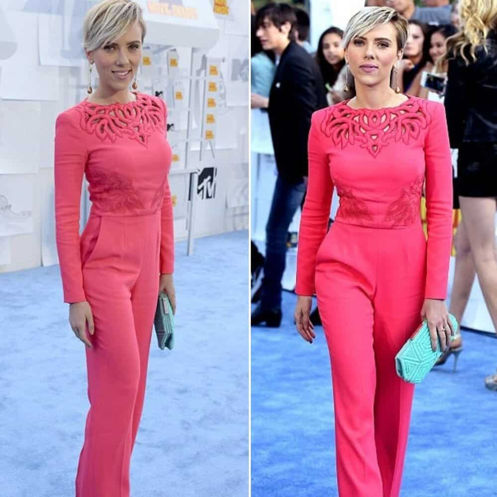 Scarlett Johansson Wows in Stunning Coral Jumpsuit at 2015 MTV Movie Awards